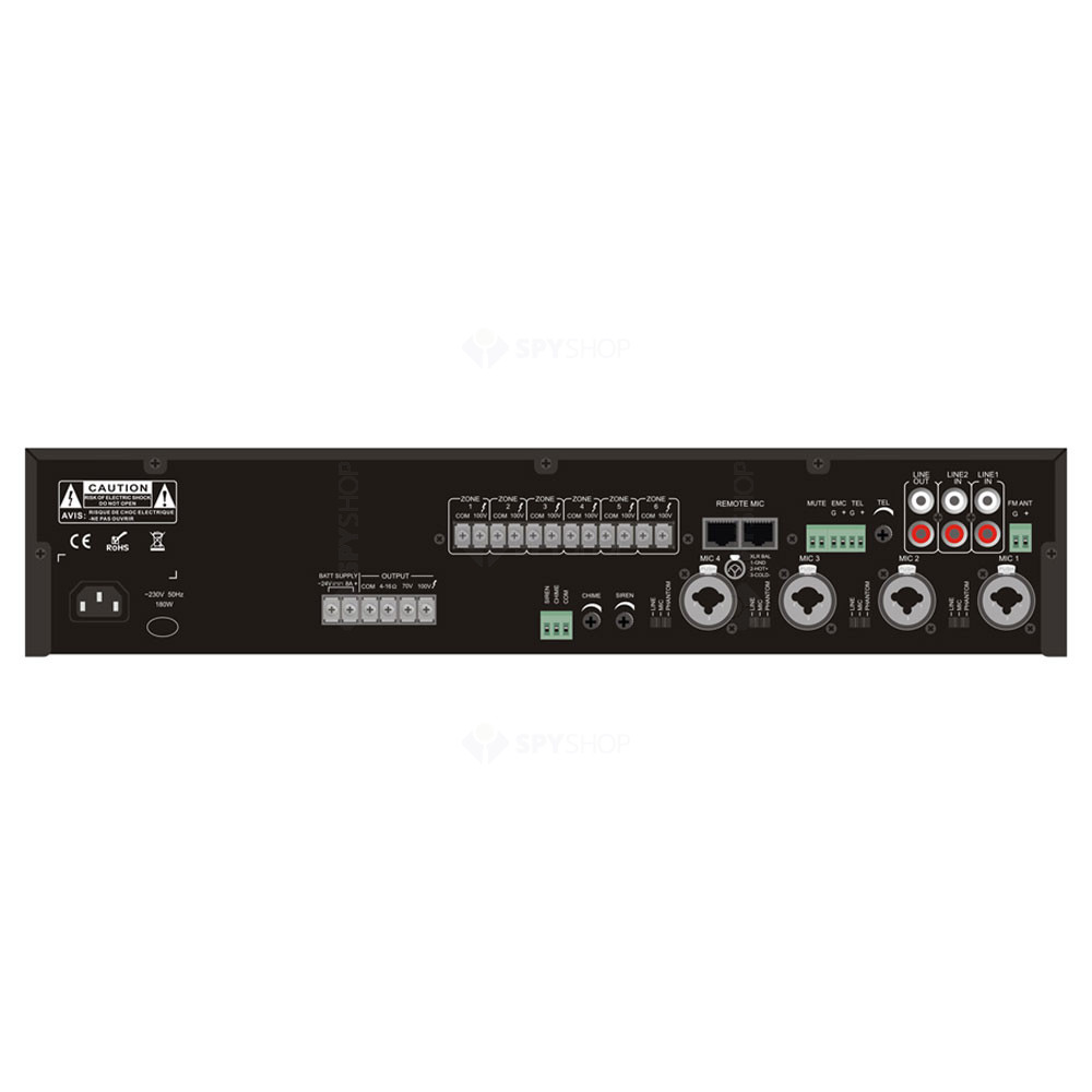 Mixer amplificator cu 6 zone de reglaj pentru sisteme de Public Address PA ITC TI-2406S, 240 W ...