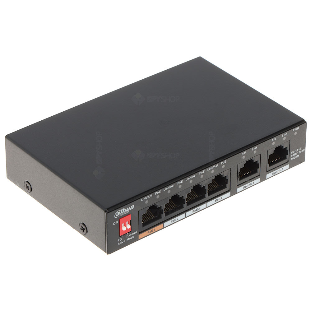 Switch cu 6 porturi Dahua PFS3006-4GT-60-V2, 2000 MAC, 14 Gbps, fara ...
